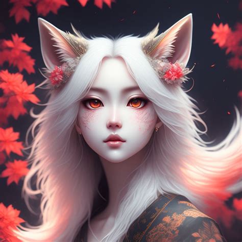 Guilty Skunk441 Kitsune White Fluffy Messy Very Long Hair Fox White Ears Pointed Downwards