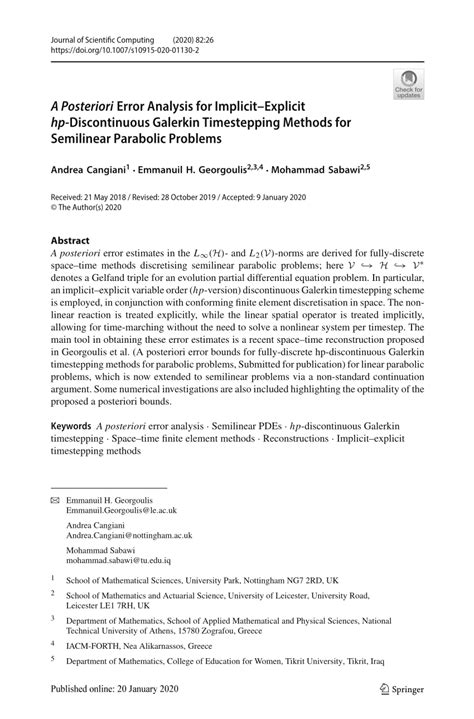 pdf a posteriori error analysis for implicit explicit hp discontinuous galerkin timestepping