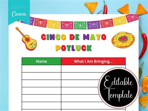 Cinco De Mayo Potluck Sign Up Sheet Food Sign Up Sheet Printable Sign