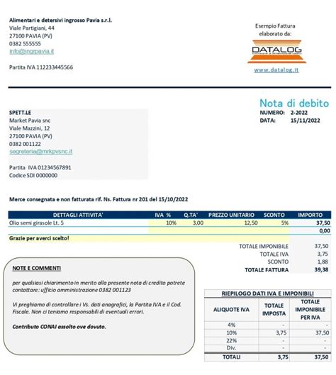 Nota di debito cos è e quando emetterla DATALOG