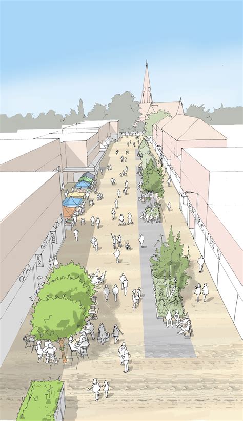 Overview Hand Drawn Sketch Main Shopping Street High Street Shops