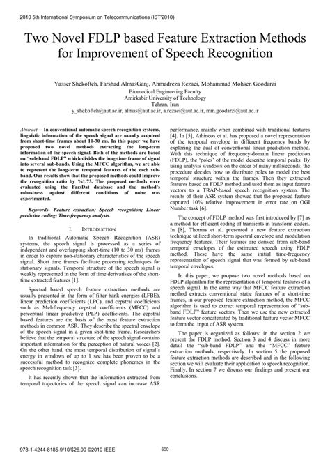 pdf two novel fdlp based feature extraction methods for improvement of speech recognition