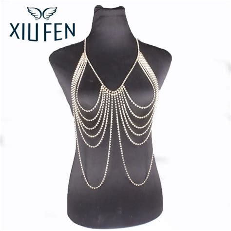 Xiufen Retro Halter Rhinestone Sexy Tassels Chest Bra Body Chain For