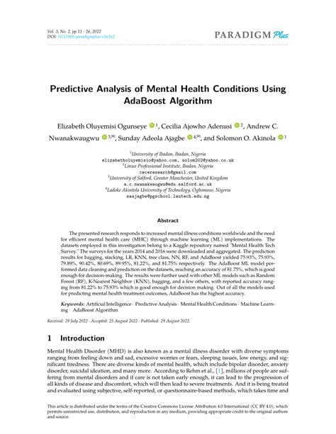 pdf predictive analysis of mental health conditions using adaboost algorithm