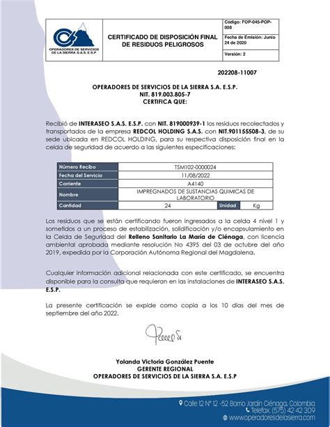 CERT Disposicion Final Agosto Redcol Holding CERTIFICADO DE