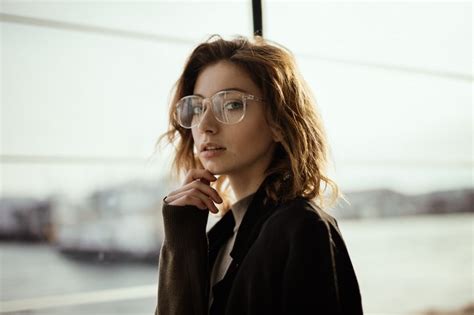 Women Model Portrait Long Hair Women With Glasses Blue Eyes Brunette Glasses Looking At