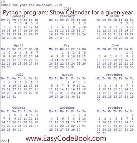 Python Program To Show Calendar Of A Year EasyCodeBook Show