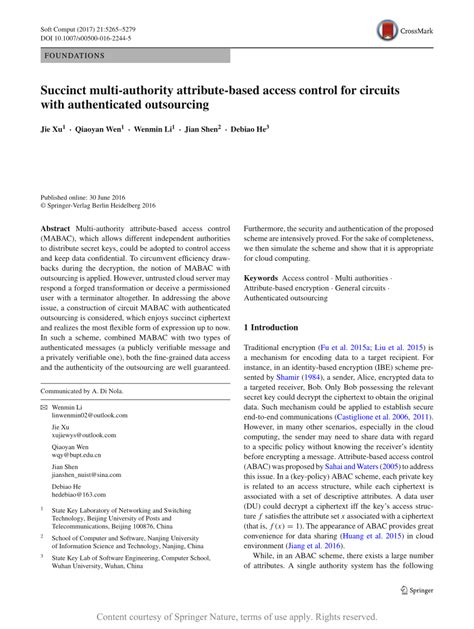succinct multi authority attribute based access control for circuits with authenticated