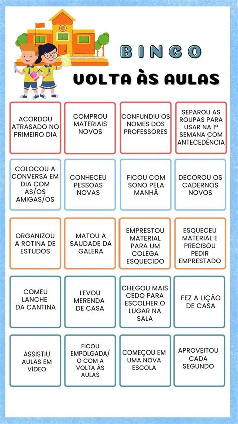 Bingo Volta às aulas Texto para leitura infantil Bingo Aulas