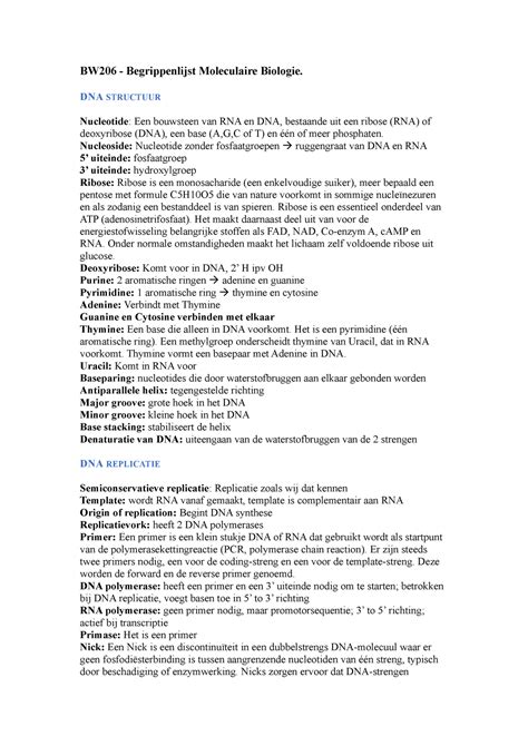 Begrippenlijst Moleculaire Biologie DNA STRUCTUUR Nucleotide Een