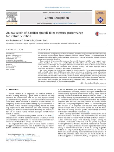pdf an evaluation of classifier specific filter measure performance for feature selection