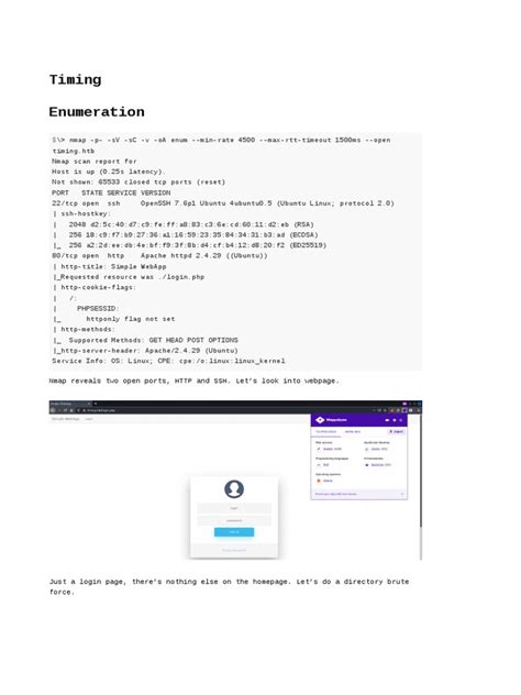 timing enumeration nmap reveals two open ports and ssh let s look into webpage pdf