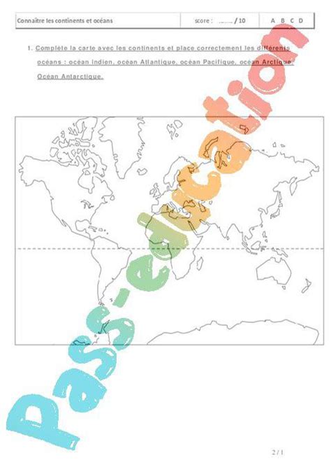Globe Planisphère Océans Continents Evaluation Ce2 par Pass