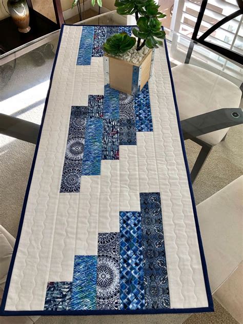 Quilted Table Runner Blue Table Runner Reversible Table Etsy