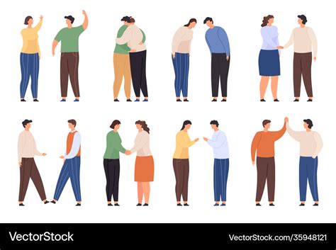 Characters With Greeting Gestures People Greet Vector Image