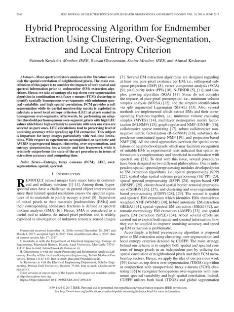 pdf hybrid preprocessing algorithm for endmember extraction using clustering over