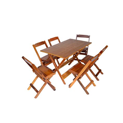 Jogo Conjunto 1 Mesa 120x70 e 6 Cadeiras Bar Dobrável em Madeira