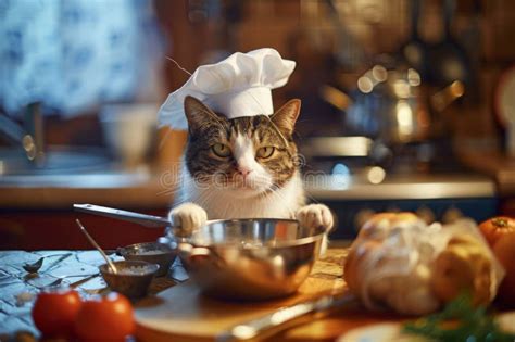 Whimsical Image Of A Cat Wearing A Chef S Hat Pretending To Cook In A