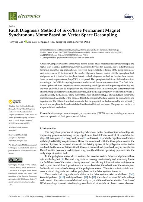 pdf fault diagnosis method of six phase permanent magnet synchronous motor based on vector