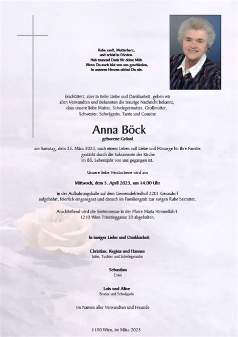 Gedenkseite für Anna Böck Bestattung Himmelblau GmbH