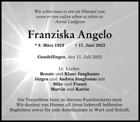 Traueranzeigen Von Franziska Angelo Allg Uer Zeitung