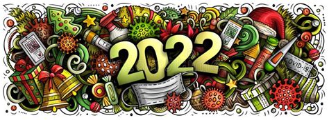 2022 Doodles Horizontal Illustration New Year Objects And Elements