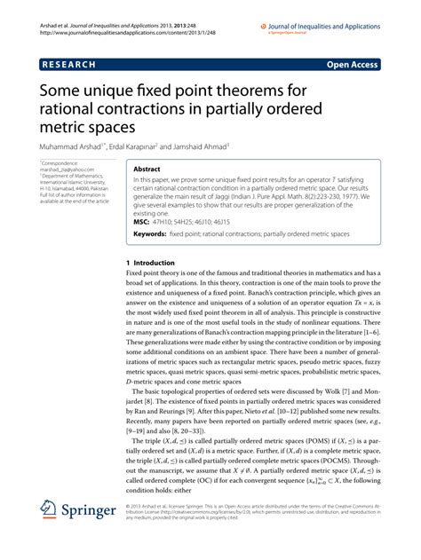 pdf some unique fixed point theorems for rational contractions in partially ordered metric spaces