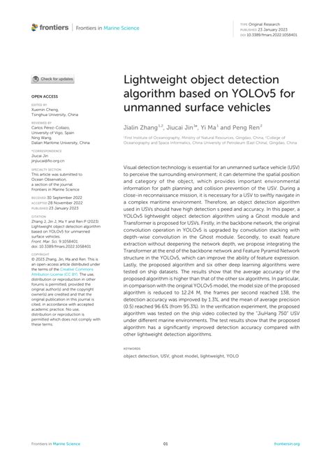 pdf lightweight object detection algorithm based on yolov5 for unmanned surface vehicles