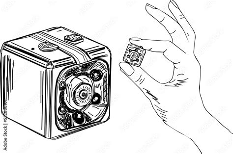 Hand Holding Hidden Spy Camera Sketch Drawing Mini Spy Camera Outline Vector Illustration Spy