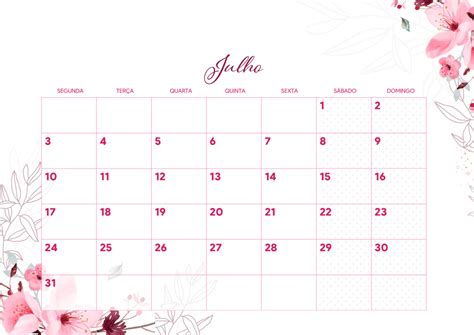 Calendario 2023 Floral Rosa Julho Fazendo A Nossa Festa