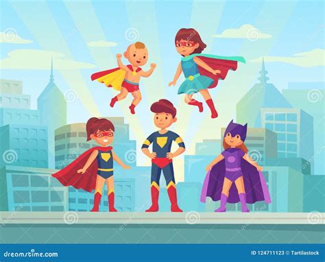 Equipo De Los Niños Del Super Héroe Niño Cómico Del Héroe En Traje