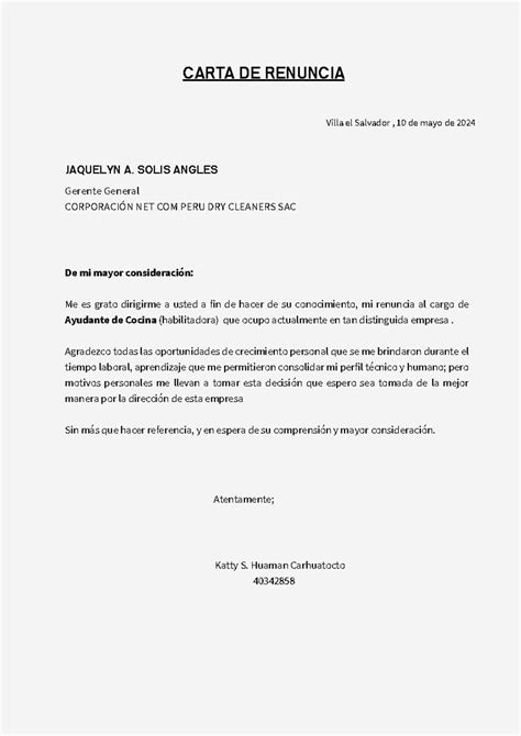 Carta de Renuncia Katty Huaman De mi mayor consideración Me es grato