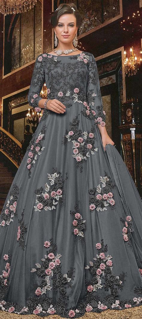 Festive Party Wear Reception Black And Grey Color Net Fabric Salwar