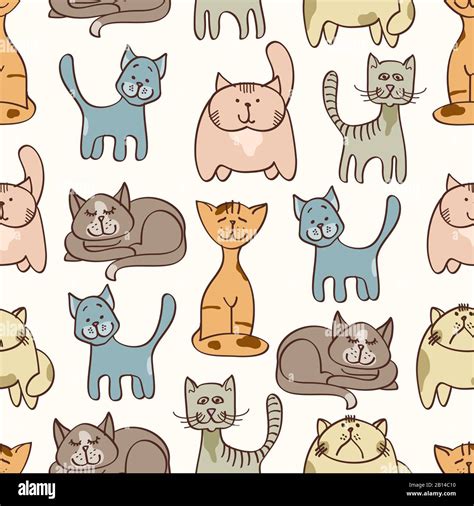 Hand Drawn Cute Cats Seamless Pattern Pets Seamless Background