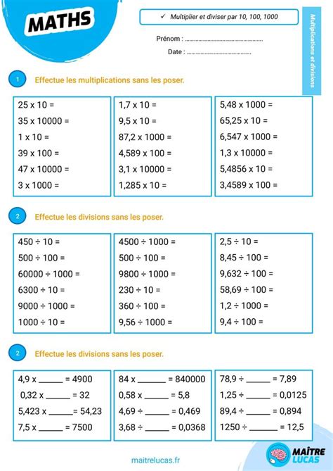Exercices Multiplier Et Diviser Par Exercice Eme