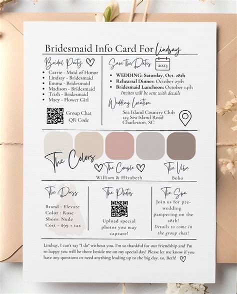 5x7 Bridesmaid Information Card Template Bridal Party Information Card
