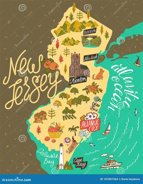Illustrated Map Of New Jersey USA Stock Vector Illustration Of