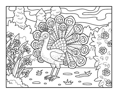 Libro Para Colorear Pavo Real En El Parque Real Vector Premium