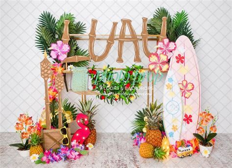 Hawaiian Tiki Torches Photography Backdrop Aloha Luau Flowers Floral