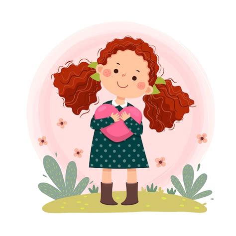 Caricatura de niña de pelo rizado rojo abrazando en forma de corazón
