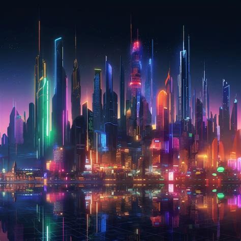 Premium AI Image Futuristic City At Night With Neon Lights Reflecting