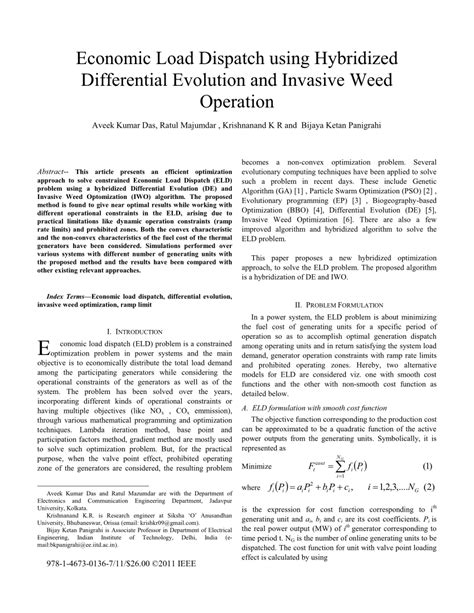 pdf economic load dispatch using hybridized differential evolution and invasive weed operation