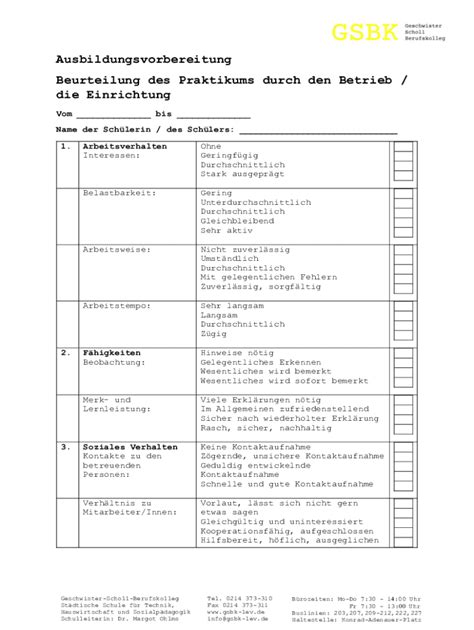 Ausfüllbar Online Ausbildungsvorbereitung Beurteilung des Praktikums