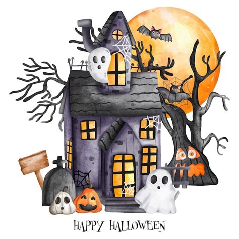 Casa Embrujada De Halloween Con Rbol Embrujado Y Luna Llena Elemento