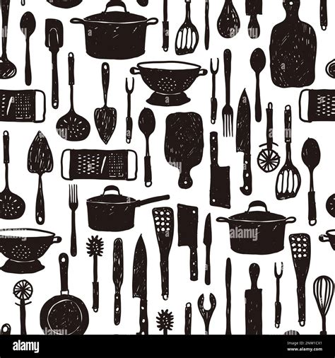 Cooking Tool Set Seamless Pattern Design Diverse Kitchen Utensils In