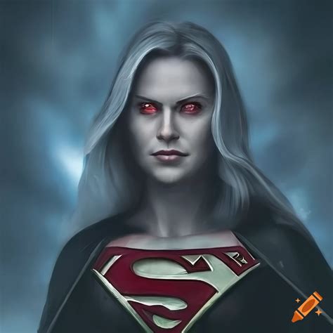 Portrait Of A Middle Aged Supergirl With Long Grey Hair And A Serious