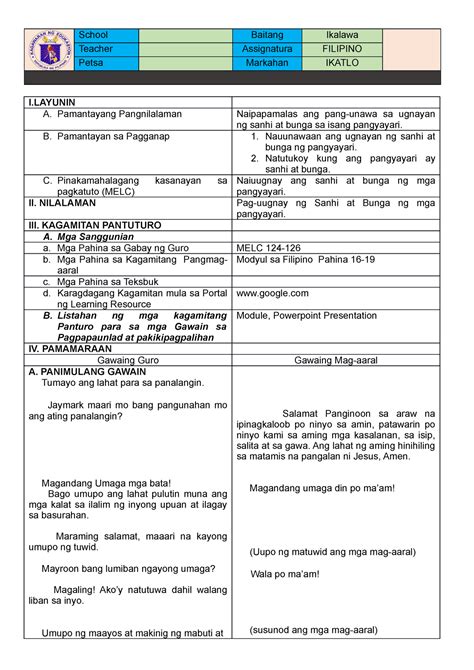 Sanhi At Bunga Detailed Lesson Plan School Baitang Ikalawa Teacher