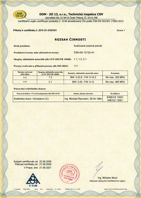 Certifikát procesu svařování podle ČSN EN ISO 3834 2 2006 CEPS a s