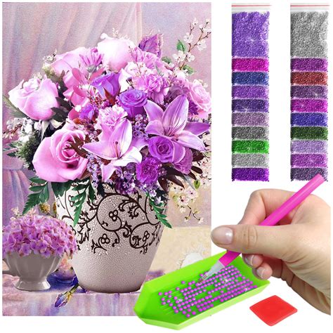 HAFT DIAMENTOWY 40x60cm FIOLETOWE KWIATY W DONICZCE Artulio