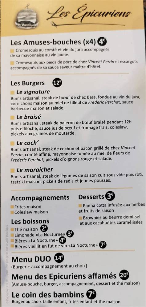 Menu At Les Picuriens Restaurant Mont Sous Vaudrey